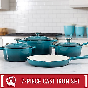 Basque Enameled Cast Iron Cookware Set, 7-Piece Set (Biscay Blue), Nonstick, Oversized Handles, Oven Safe; Skillet, Saucepan, Small Dutch Oven, Large Dutch Oven, 10.25", 2QT, 2.25QT, 4.75QT