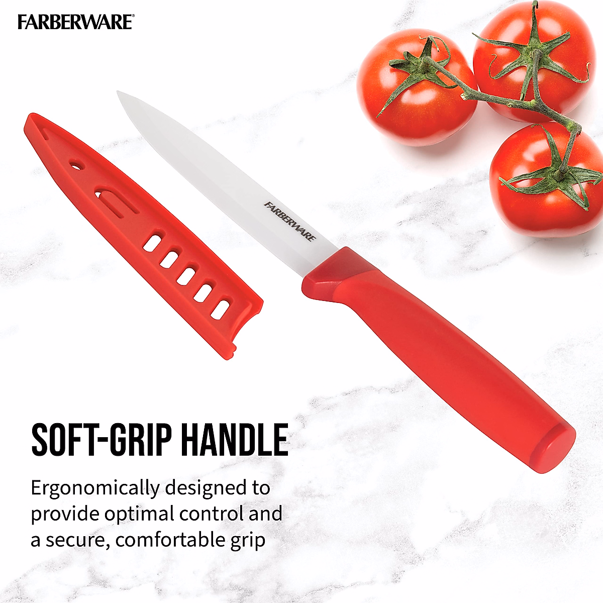 Farberware Ceramic 5-inch Utility Knife with Custom-Fit Blade Cover, Razor-Sharp Kitchen Knife with Ergonomic, Soft-Grip Handle, Dishwasher-Safe, 5-inch, Red