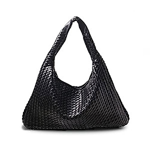 LMKIDS Women's Leather Woven Tote Handbag,Handmade Large Capacity Shoulder Bags Travel Bag Shopper Bag Hobo Bag (Black)