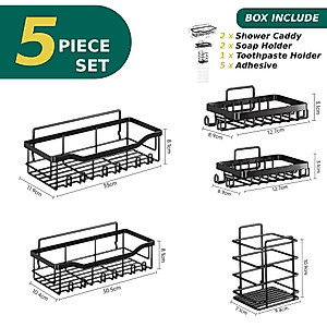 Shower Caddy Adhesive Shower Organizer for Bathroom Storage Organization, 5 Pack Shower Shelves No Drilling, Rustproof Stainless Steel Home & Kitchen Decor, Wall Hanging, RV Accessories, Black