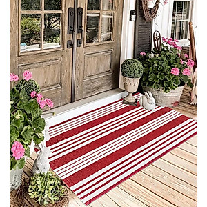 Striped Outdoor Rug for Porch 24"x51" Red and White Front Porch Rug Layered Doormat Cotton Woven Washable Throw Carpet for Hallway/Front Steps/Bathroom/Kitchen/Home Entrance