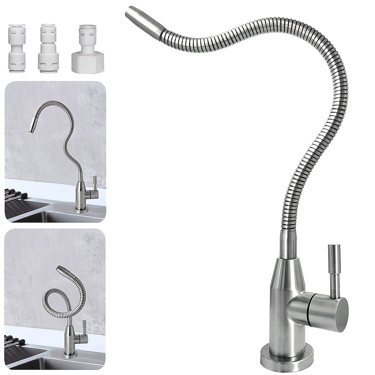 2024 Update Kitchen Water Filter Faucet with Flexible Gooseneck, Lead-Free Drinking Water Faucet Safety for Water Filtration Systems or Reverse Osmosis Systems, Stainless Steel Beverage Faucet