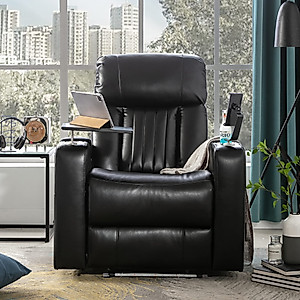 QKFF Leather Power Recliner Chair, Electric PU Recliner with Hidden Arm Storage, USB Charging Port, 2 Cup Holders, Tray Table, Phone Stand for Home Theater (Dark Black)