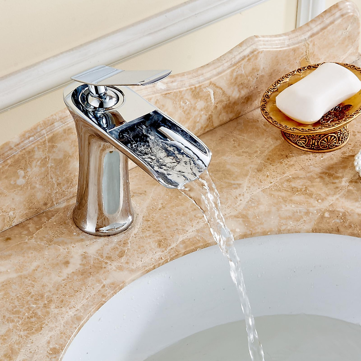 BiaoTeng Bathroom Faucet Waterfall Vintage Chrome Single Hole Hot or Cold Bathroom Sink Faucet 1 Hole Waterfall Brass Bathroom Sink Faucet Waterfall, Chrome