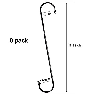 HiGift 8 Pack 12 Inches Extension S Hooks for Hanging Plant Basket Outdoor Bird Feeder House, Heavy Duty Long S Shaped Hook for Kitchen Pots and Pans, Patio Decoration, Towels, Clothes, Black