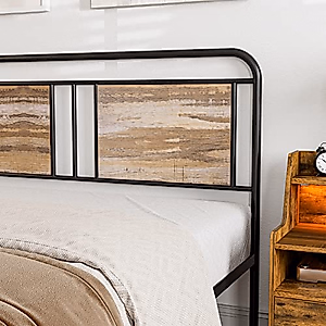 IKIFLY Metal Queen Size Platform Bed Frame with Industrial Wood Headboard/Footboard, Strong Metal Slats, Easy Assembly, Noise-Free, No Box Spring Needed - Wood Brown