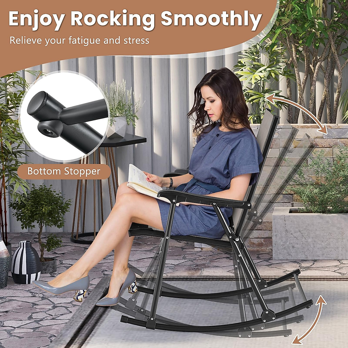 Tangkula Folding Rocking Chair Set of 2, Patio Rockers with Breathable Seat Fabric & Sturdy Metal Frame, Smooth Rocking Motion, Heavy-Duty Outdoor Rocker for Backyard, Front Porch, Poolside