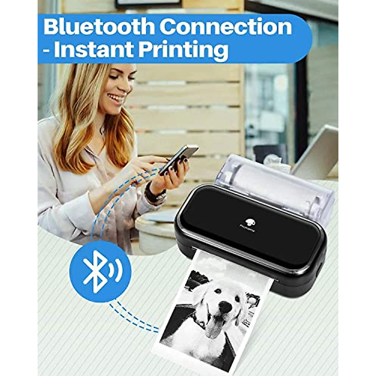 Phomemo M03 Pocket Printer- Portable Printer Photo Printer with 3 Roll 3 Inch Black on White, 77mm x 3.5m, 3 Inch X 11.5 ft, Compatible with iOS + Android for Photos, Journalist, Work, Plan-Black