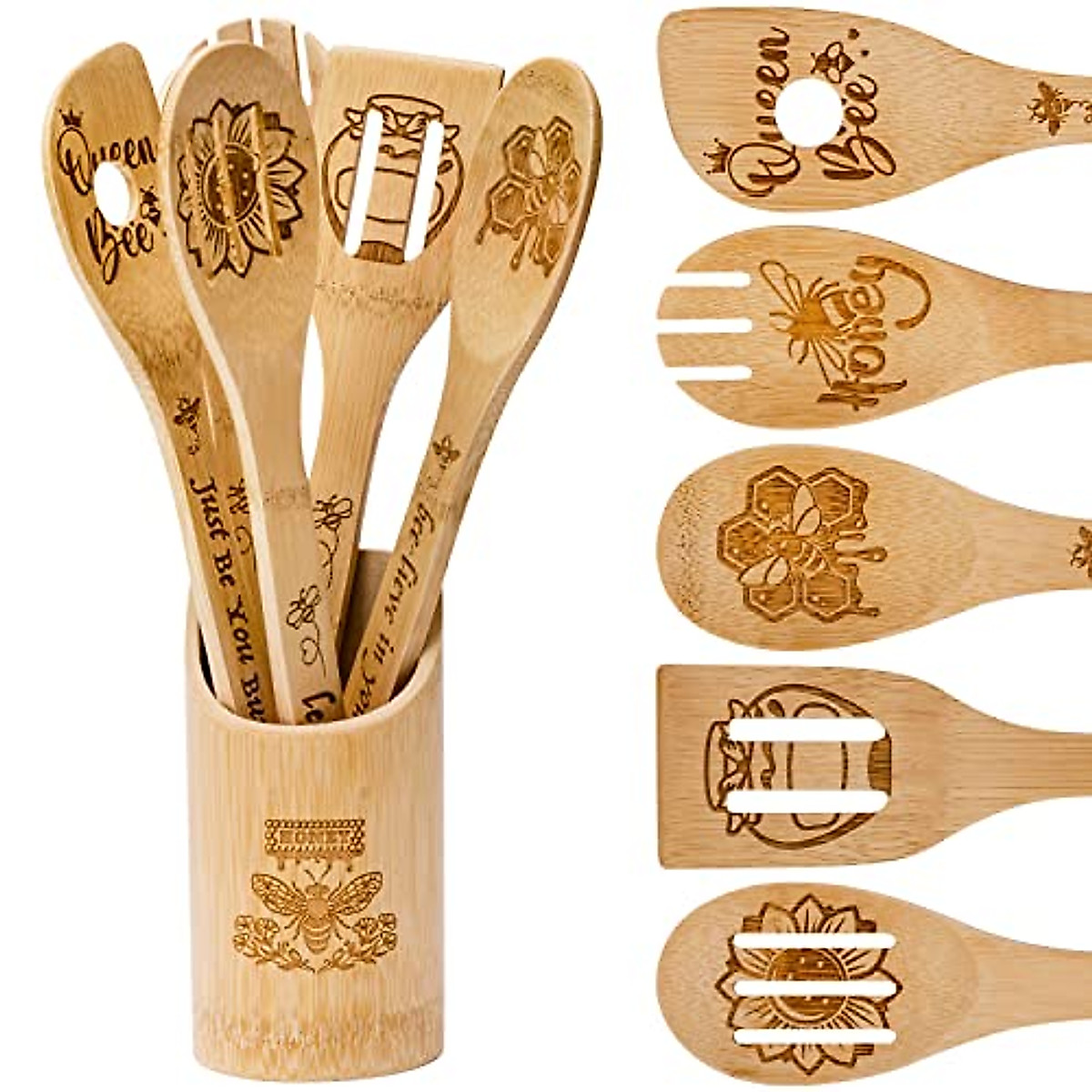 Wooden Spoons for Cooking, Funny Inspired Quotes Laser Engraved Cooking Utensils Set,Kitchen Cooking Supplies, Bamboo Spoon Slotted Kitchen Utensil Fun Gift Idea Housewarming Gift (Bees)