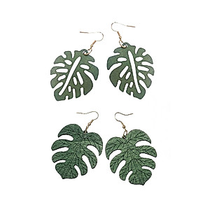 2 Pairs Natural Wooden Monstera Leaves Stud Earring for Women Tropical Plant Palm Leaf African Earrings Handmade Ethnic Jewelry-green
