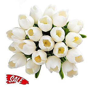 HoveBeaty Artificial Tulips Bridal Wedding Festival Decor Bouquet Real Touch PU Flower Bouquet Pack of 20 (White)