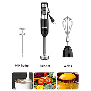 Immersion Blender Handheld, OUTRONSM Hand Blender with 4-point thickened SS blades, Milk Frother, Egg Whisk for Coffee Milk Foam, Puree Baby Food, Smoothies, Sauces and Soups – Black