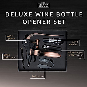 Wine Bottle Opener Set by M&R Blvd. - Professional Grade, Deluxe Screwpull Lever Corkscrew - Extra Spiral, Foil Cutter, Aerator Spout, Wine Stopper - Premium Bar Accessory & Wine Gift Set - Copper