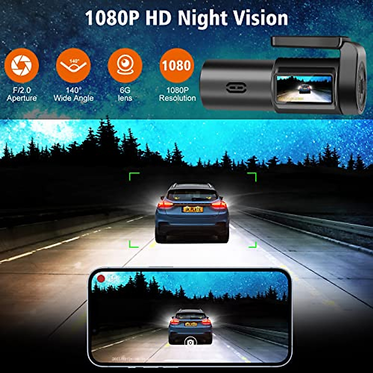 Dash Cam Front, WiFi 1080P Dash Camera for Cars, Mini Car Camera with 140° Wide Angle, 360 Degree Rotation Shot, Night Vision, WDR, G-Sensor, Loop Recording, 24H Parking Monitor, Support 128GB Max