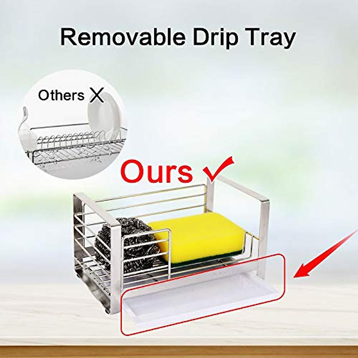 OTONIS Sponge Holder For Kitchen Sink Tray Organizer Adhesive Soap Holder, Dish Suction Cup Sponge Holder, Adhesive or Free Standing, SUS304 Stainless Steel, Silver