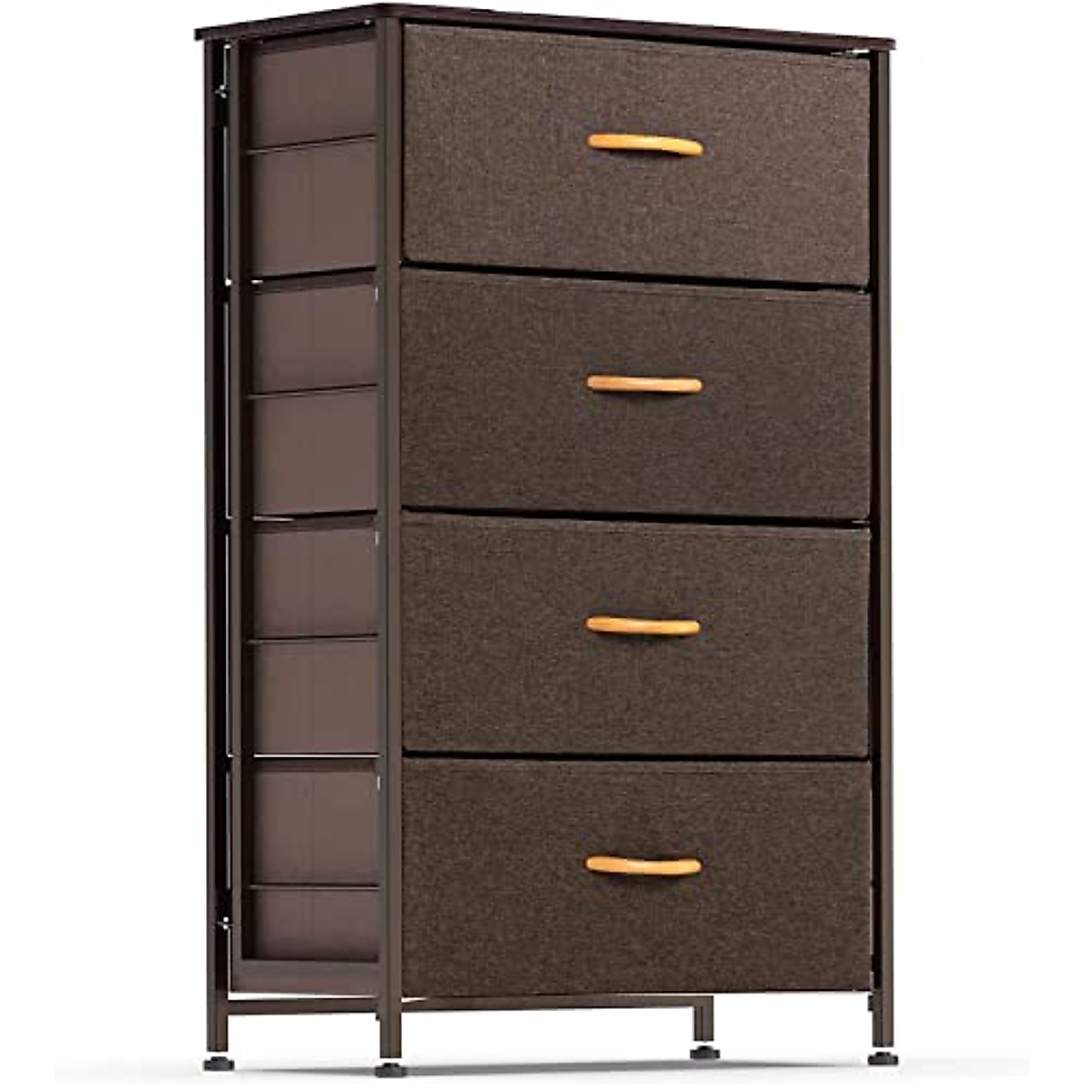 WAYTRIM Dresser Storage Tower, 4 Fabric Organizer Drawers, Wide Chest of Drawers for Closet Boys & Girls Bedroom, Bedside Furniture, Steel Frame, Wood Top, Fabric Bins, Easy installation (Coffee)