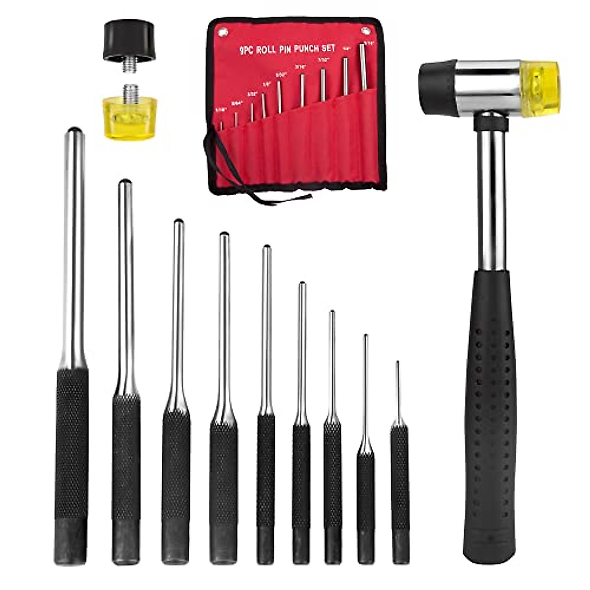 Roll Pin Punch Set with Storage Pouch and Hammer, 9 Piece Steel Removal Tool Kit for Jewelry, Watches, Rifle Pins and Craft