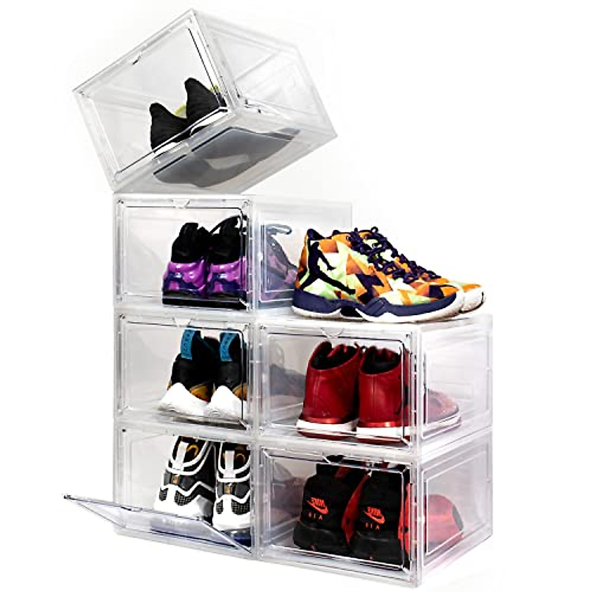 Drop Front Shoe Storage Box, Set of 6 Shoe Boxes Clear Plastic Stackable with Acrylic Lids, Shoe Organizer Containers for Closet, Shoe Case for Display Sneakers, Fit up to US Size 12 (XL, Clear)