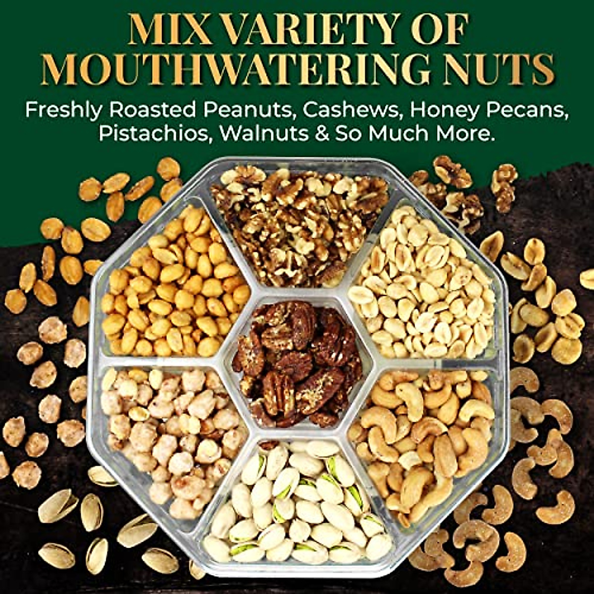 Assorted Nuts - Gourmet Nuts Gift Basket - Easter Gift Basket - 7 Sectional Platter With a Variety of Freshly Roasted Nuts - Beautifully Packaged Gift for Birthday, Sympathy, Mother’s Day Nuts. (7 Sectional, Green Box)