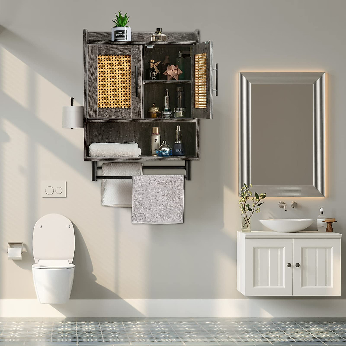 SUNTAGE Bathroom Wall Cabinet, Over Toilet Storage Cabinet w/2 Towel Bar, Paper Roll Holder & Adjustable Shelf in 9 Combinations, Medicine Cabinets Ideal for Bathroom, Kitchen (Brown)