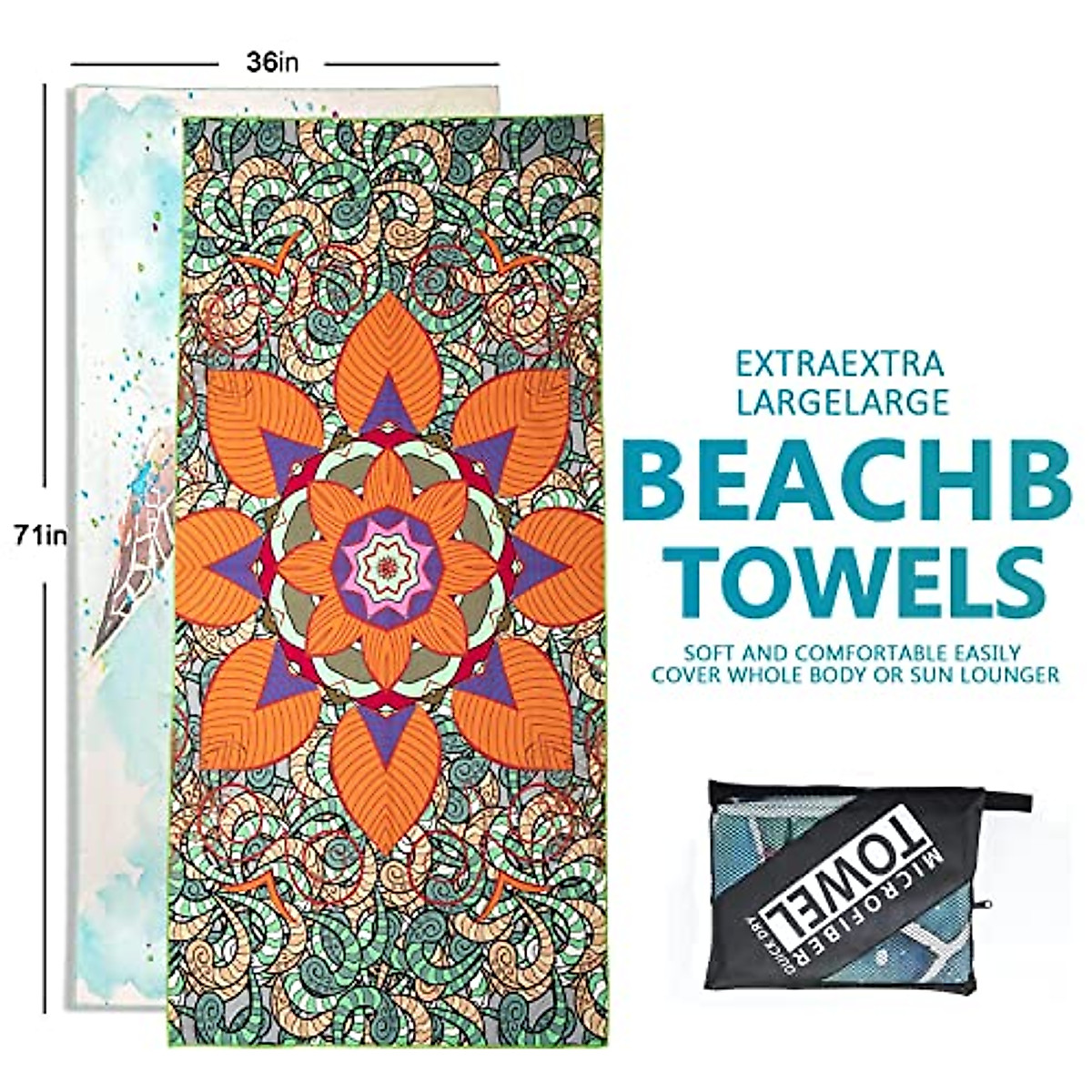 FEERNICH Microfiber Beach Towels 2 Packs, Oversized Quick Super Absorbent Towels for Adults, (72" x 36") Lightweight Thin Towels for Swimming Beach Camping