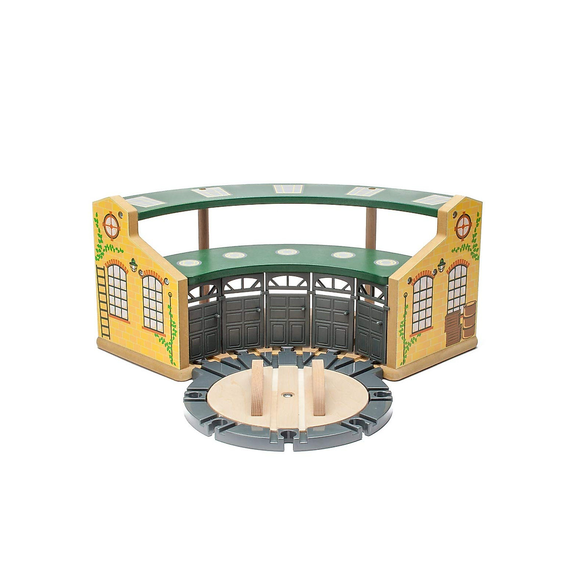 maxim enterprise, inc. Wooden Train Round House Combo with Rotating Turntable, Train Shed to House 5 Engines or Cars, Wooden Train Track Accessories Compatible with Major Brand Railway Sets