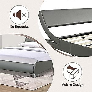 Queen Size Leather Upholstered Platform Bed Frame with Comfortable Headboard and Footboard, Modern Curve Design Platform Bed with Sturdy Bed Frame/Wood Slats Support/Easy Assemble for Bedroom (Grey)