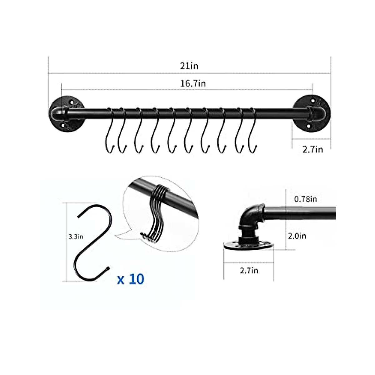 Bailoo Industrial Pipe Pot Pan Rack 21" (2 Pack), Wall mount Pot hangers Pan Hanging Rail Lid Hanger for kitchen with 10 S Hooks