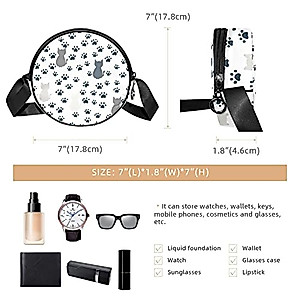 Cat With Paw Prints Crossbody Bag for Women Teen Girls Round Canvas Shoulder Bag Purse Tote Handbag Bag
