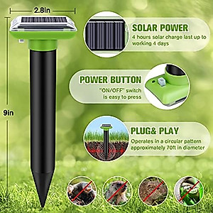 4Pcs Mole Repellent,Solar Ultrasonic Pest Repeller Stakes,Outdoor Animal Gopher Deterrent Spikes for Groundhog, Moles,Vole,Snakes, Waterproof Rodent Chaser Stakes Snake Repeller for Lawn Garden Yard