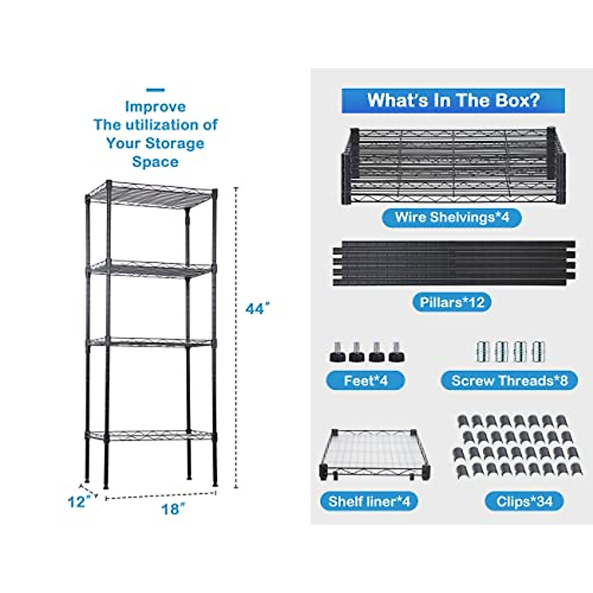 4-Tier Metal Wire Shelving Unit Kitchen Shelf Organizer Height Adjustable Storage Rack Utility Shelf Snack Shelf, NSF Certified Storage Shelves for Laundry Bathroom Kitchen Pantry Organization