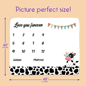 PHMOJEN Cow Milestone Blanket for Baby Boy, Farm Animals Cow Print Photography Background Newborn First Year Growth Blanket for Baby Pictures Include 4 Frames and 1 Headband 48"x40" BTYYPH46