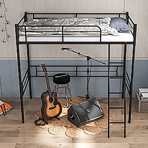 Giantex Metal Loft Bed Twin Size for Juniors & Adults, Loft Bed Frame with Ladder & Safety Guardrail, 61" Under-Bed Space, Space-Saving Twin Bed for Teens, No Box Spring Needed (Black)