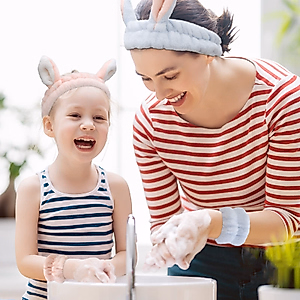 AMCAMI Bunny Ears Shower Set for Women - 6 Pcs Makeup Headbands with Wristband, Elastic Cosmetic Headbands for Face Washing