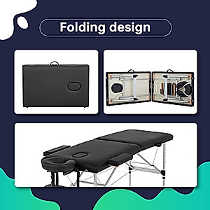 Aluminum Massage Table Portable Massage Bed Height Adjustable Spa Bed 2 Fold Facial Tattoo Salon Bed W/Face Cradle Carry Case (Black)