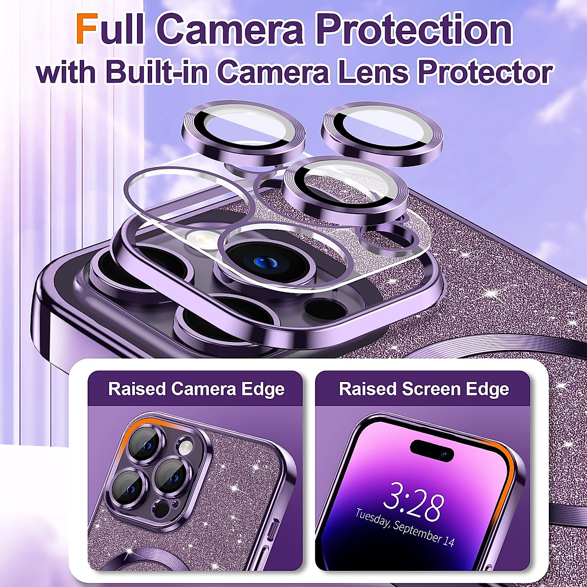 Hython for iPhone 14 Pro Max Case Glitter, Clear Magnetic Phone Cases with Camera Lens Protector [Compatible with MagSafe] Bling Sparkle Plating Soft TPU Slim Shockproof Protective Cover Women-Purple