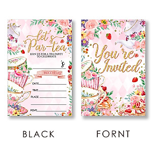 Tea Party Birthday Invitations Supplies Fill-In Set of 20 with Envelopes Pastel Tea Birthday Bash Invites Cards, Double Sided
