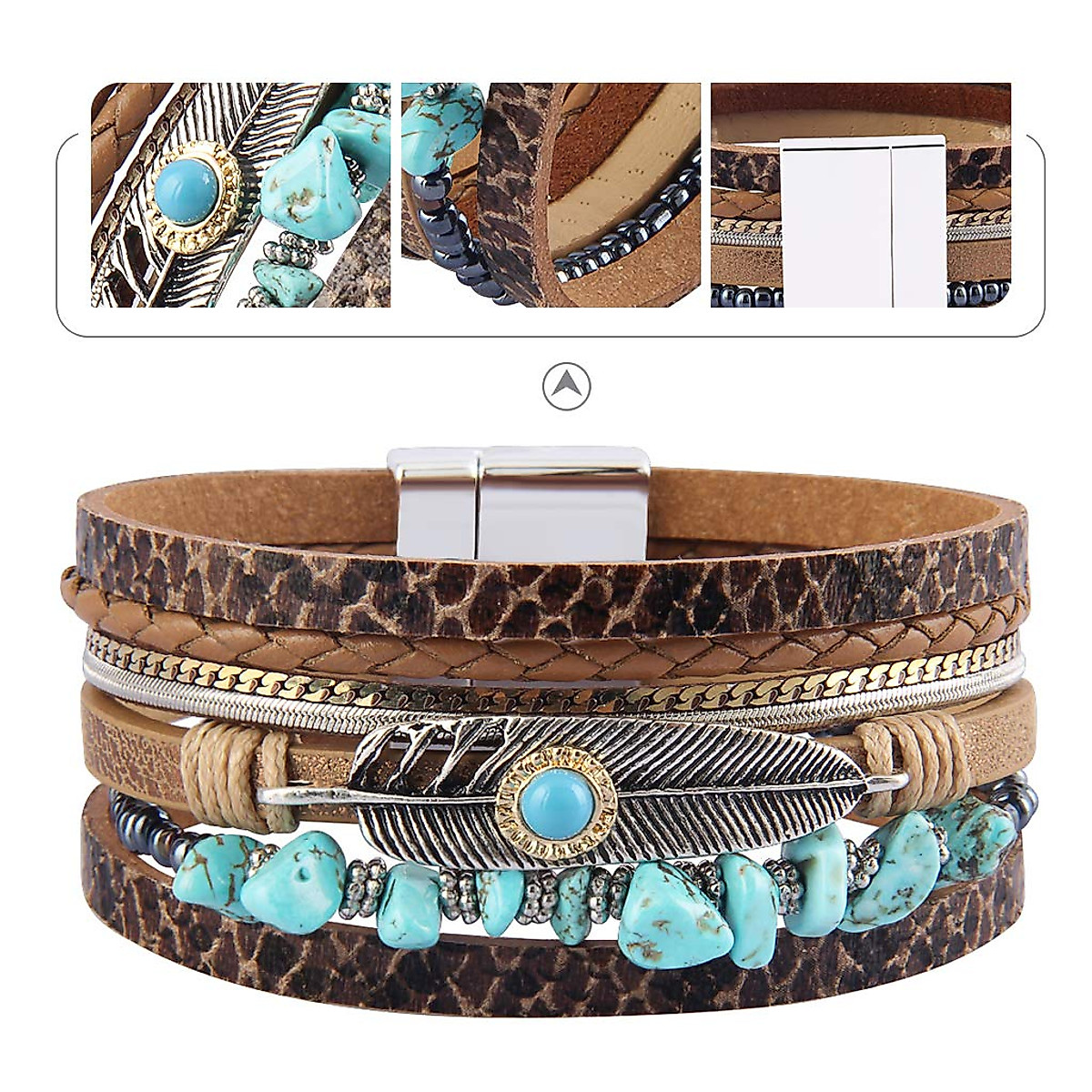 GelConnie Womens Leather Wrap Bracelet Boho Leather Cuff Bracelet Feather Turquoise Multi Layer Leather Bracelet Cuff Bangle Jewelry Bohemian Bracelet for Women Mother Wife