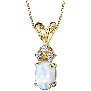 PEORA 14K Yellow Gold Created White Opal with Genuine Diamonds Pendant, Dainty Hypoallergenic Solitaire, Oval Shape, 7x5mm