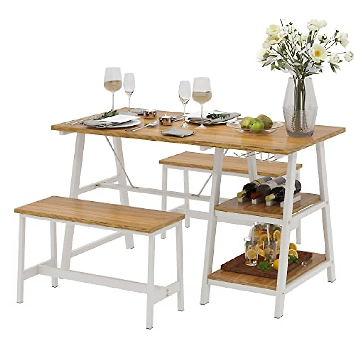 SogesGame Dining Table Set 3 Piece Kitchen Table Set Breakfast Table Set with Benches and Wine Rack Glass Holder 47.2 in Dining Room Table Set for 4 Oak