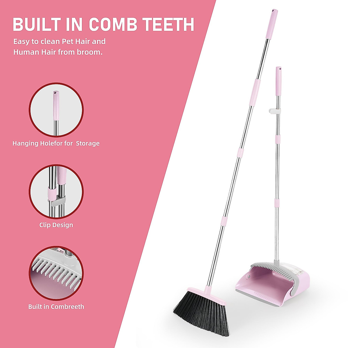 Broom and Dustpan Set, Outdoor Broom Dustpan Combo Set Home Commercial Cleaning Supplies Angle Broom with Long Handle Perfect for Courtyard Garage Street Pink