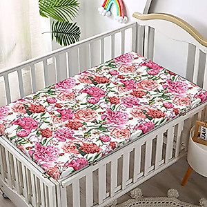 Roses Themed Fitted Mini Crib Sheets,Portable Mini Crib Sheets Toddler Bed Mattress Sheets-Baby Crib Sheets for Girl or Boy,24“ x38“,Multicolor