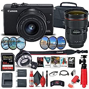 Canon EOS M200 Mirrorless Digital Camera with 15-45mm Lens (3699C009) + Canon EF-M Lens Adapter + Canon EF 24-70mm Lens + 64GB Card + Case + Filter Kit + Corel Photo Software + More (Renewed)