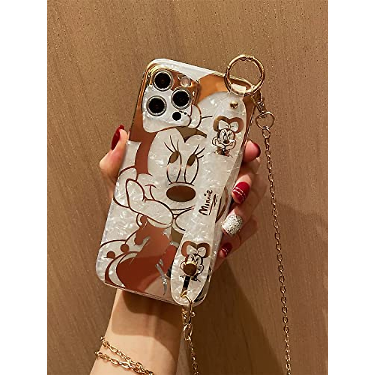 Filaco Cartoon Case for iPhone 12 Pro Max 6.7", Cute Golden Minnie Sparkle Bling Cover with Metal Chain Strap, Wrist Strap Kickstand Soft TPU Shockproof Protective for Women & Girls