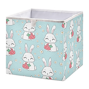 OTVEE Storage Baskets for Organizing, Cute Bunny with Strawberry Decorative Storage Basket, Fabric Folding Organizer with Handles for Closet Toys Clothes Home Nursery