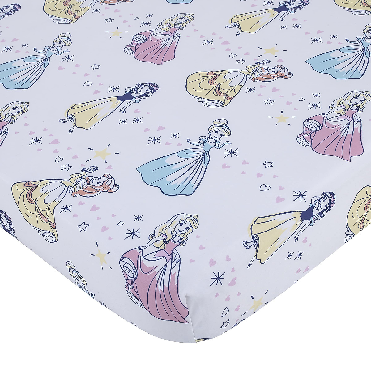 Disney Little Princess Pink, Blue, Yellow and White Stars and Hearts Cinderella, Snow White, Belle and Aurora 6 Piece Nursery Crib Bedding Set