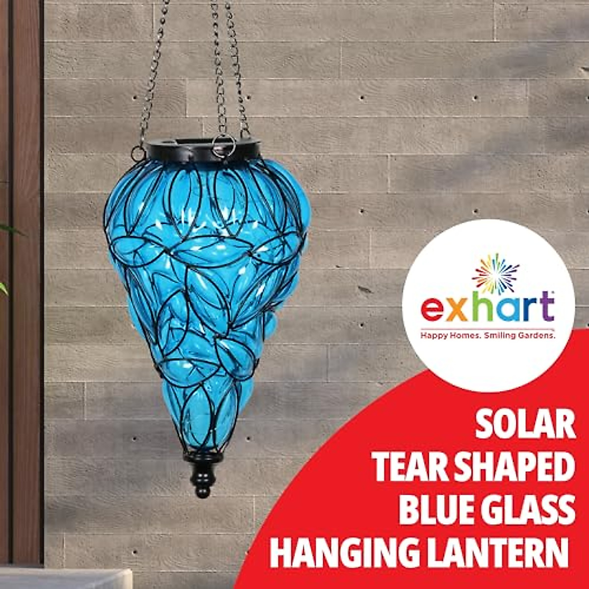 Exhart Outdoor Garden Solar Lights, Tear-Shaped Glass and Metal Hanging Lantern, 15 Firefly LED Lights, 7 x 24 Inch, Blue