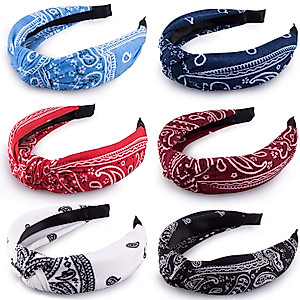 Duufin 6 Pieces Paisley Bandana Headbands Twisted Knot Boho Headbands Top Knot Headband Vintage Cross Knotted Headbands for Women and Girls