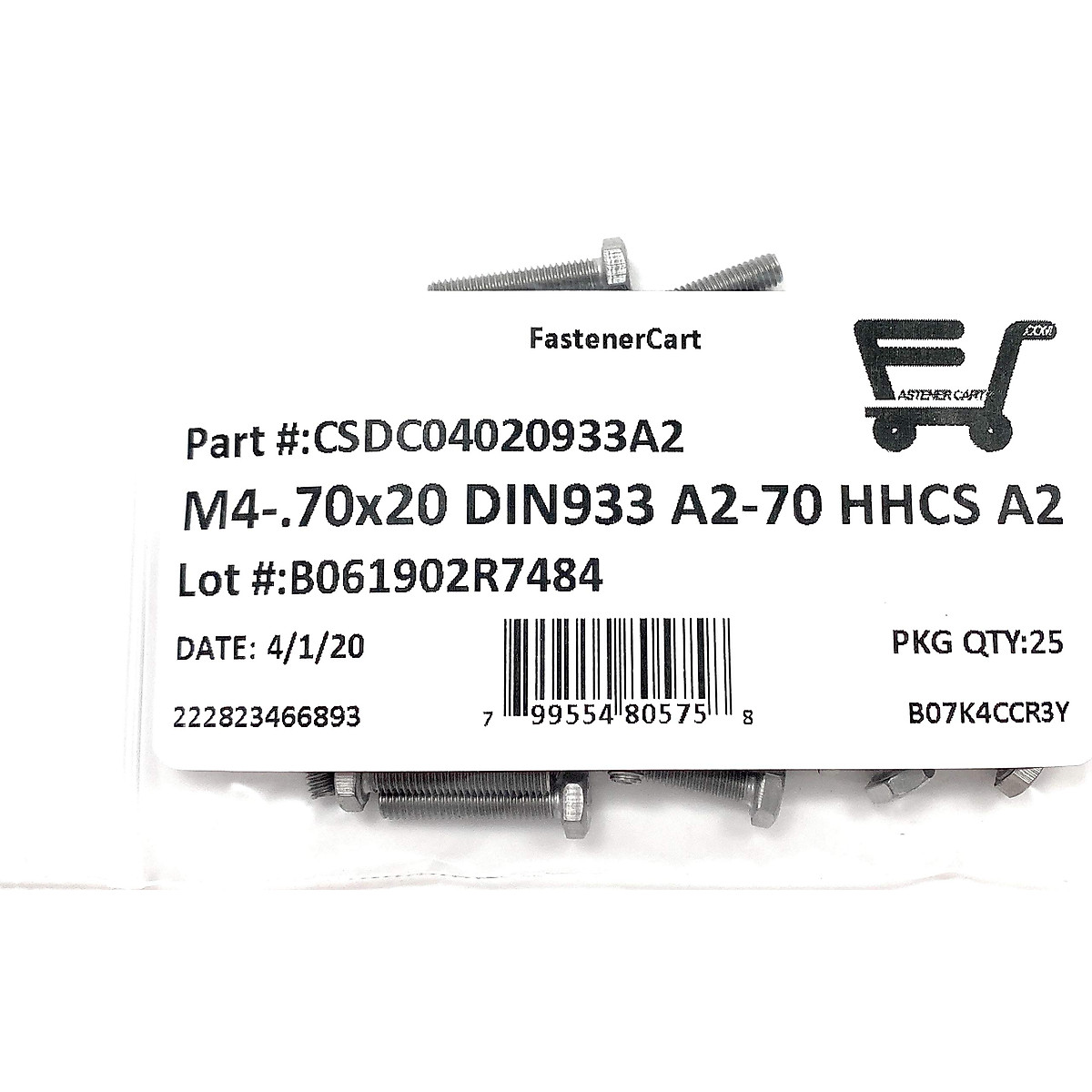 M4-.70 X 20 Hex Head Cap Screw Hex Bolts DIN933 (M4x20) Full Thread A2-70 Stainless Steel (25 Pieces)