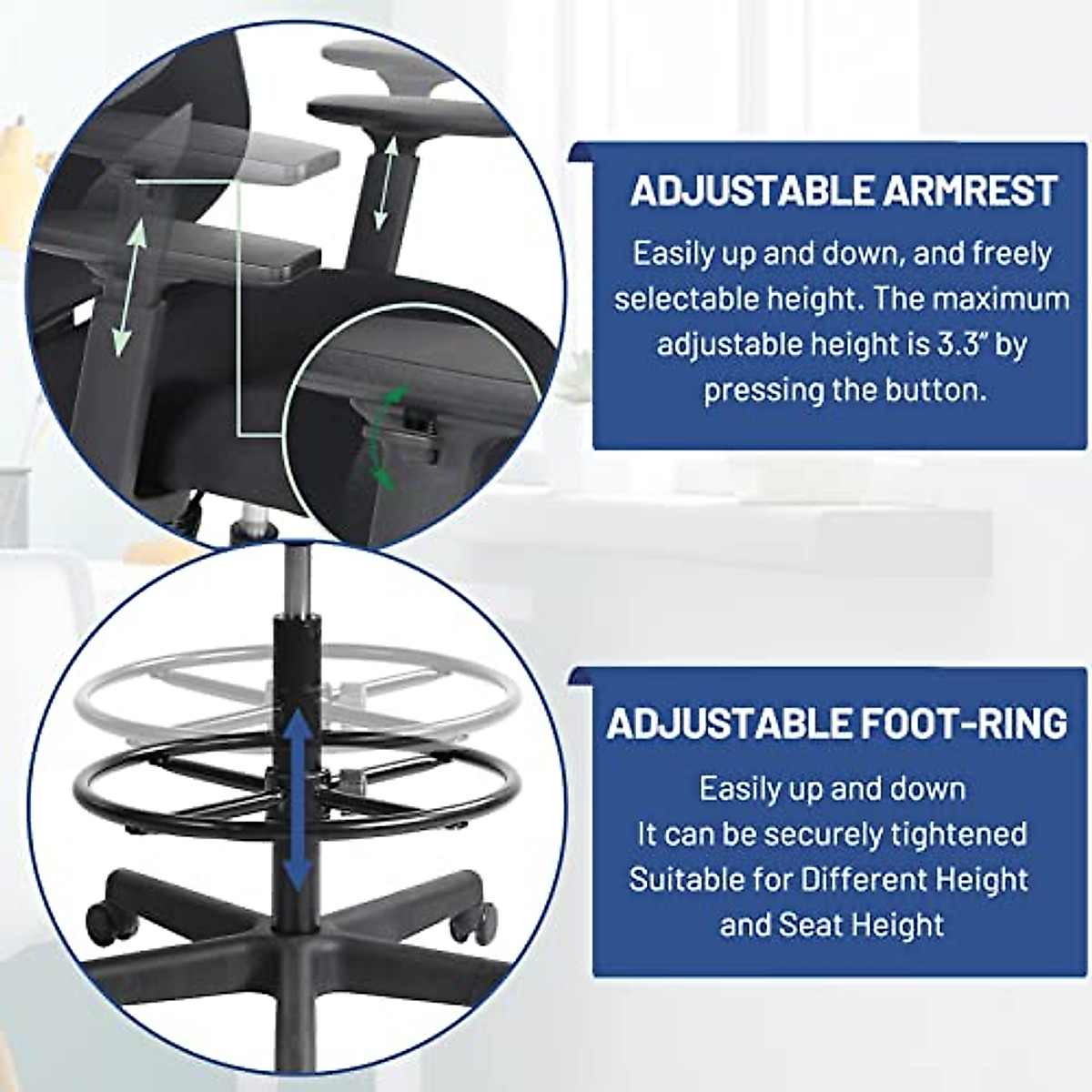 Tall Office Chair, Drafting Chair, High Adjustable Standing Desk Chair, Ergonomic Mesh Computer Task Table Chairs with Adjustable Armrests and Foot-Ring for Standing Desk and Bar Height Desk